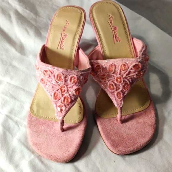 Anne Michelle | Shoes | Anne Michelle Pink Beaded Suede Heel Sandals ...